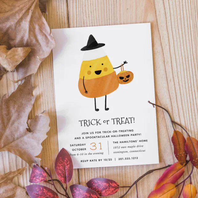 Candy Corn Trick or Treat Halloween Party Invitation | Zazzle