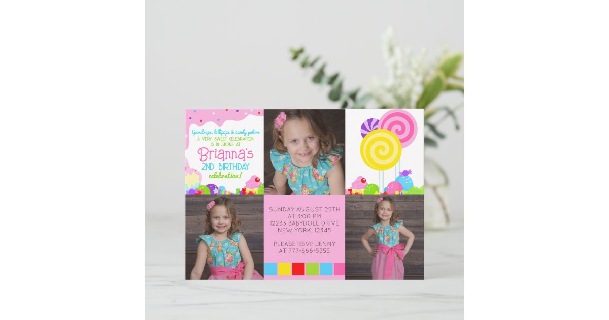 Candy Land Inspired 3 Photo Birthday Invitation | Zazzle