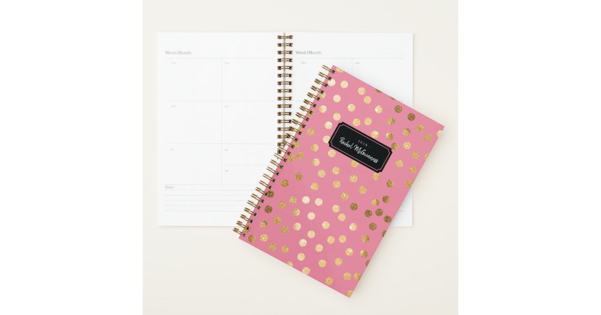 Candy Pink Gold Glitter Dots Year and Name Planner | Zazzle