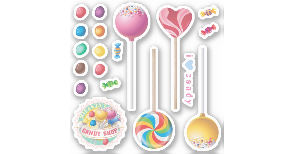Candy shop emblem lollipops jelly beans candies sticker | Zazzle