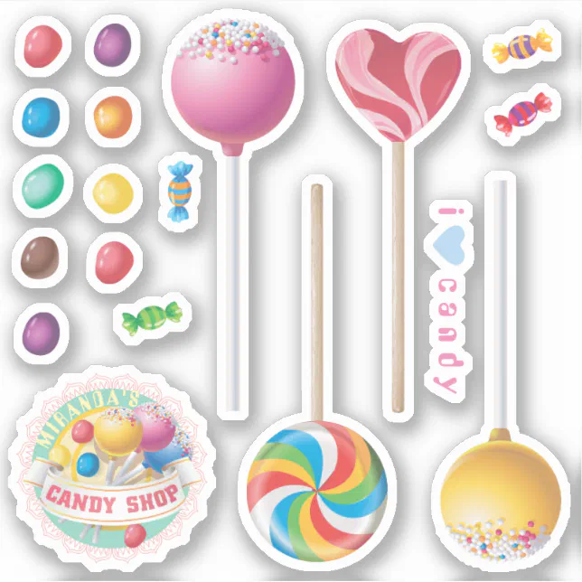 Candy shop emblem lollipops jelly beans candies sticker | Zazzle