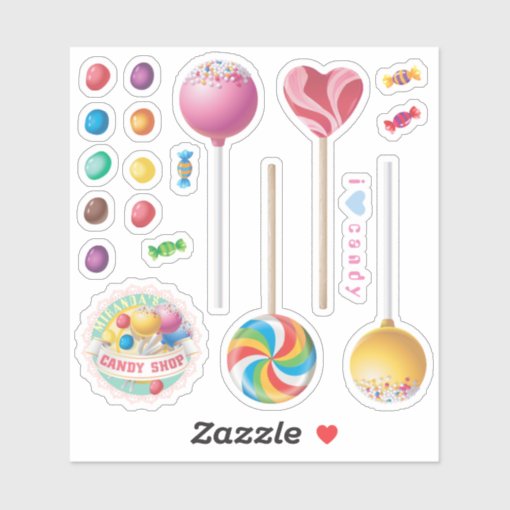 Candy shop emblem lollipops jelly beans candies sticker | Zazzle
