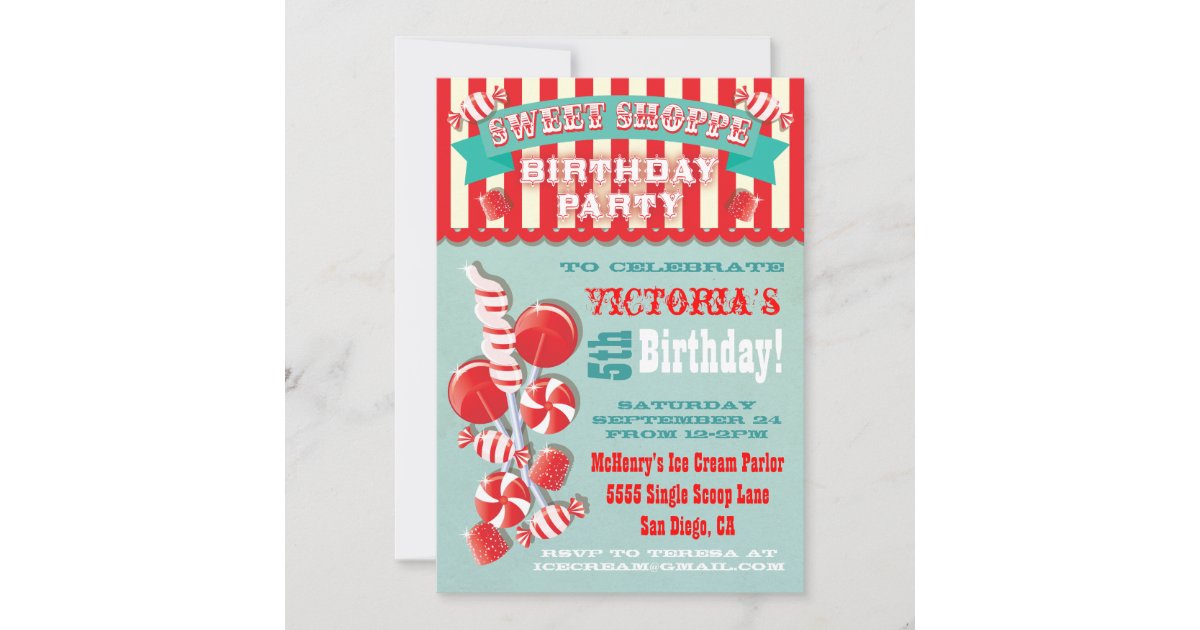 Candy Sweet Shoppe Birthday Party Invitation | Zazzle