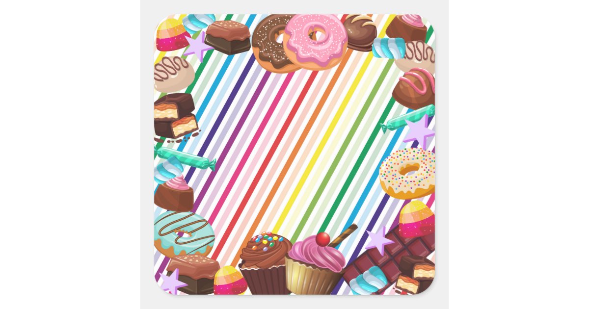 Candy theme, chocolate, food, donuts, rainbow part square sticker | Zazzle