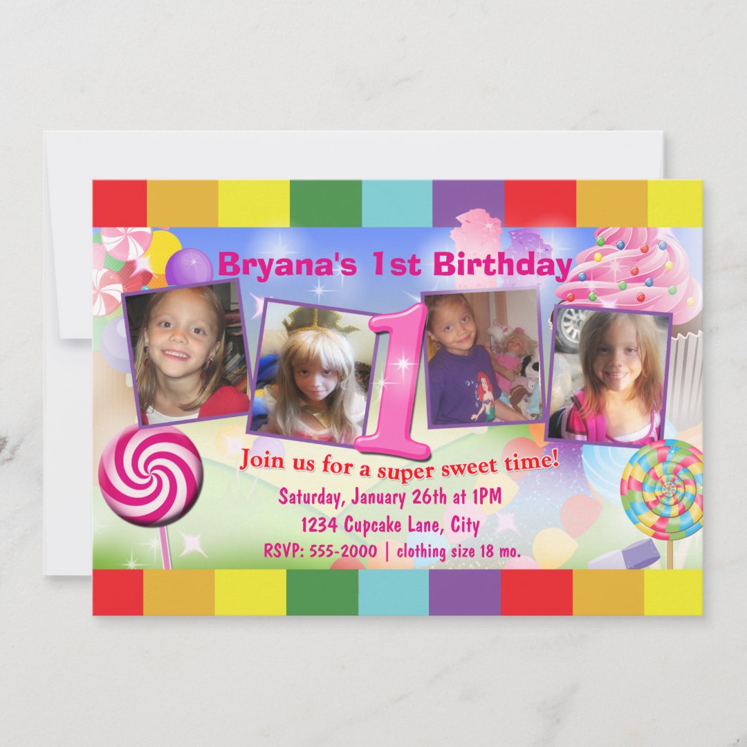 Candyland 1st Birthday Party 4 Photo Invitation | Zazzle