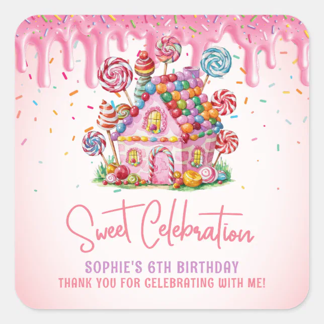 Candyland Sweet Celebration Birthday Thank You Square Sticker | Zazzle