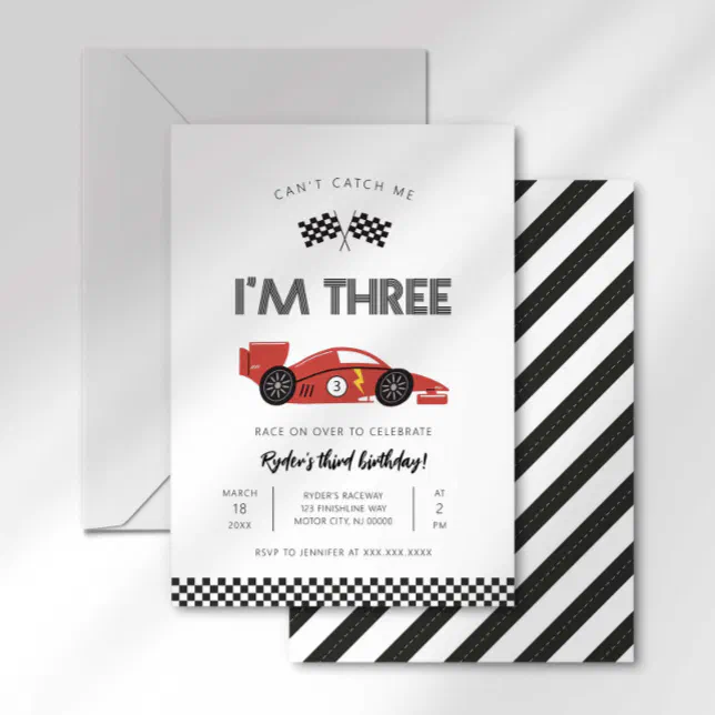 Can't Catch Me I'm Three Car Birthday Invitation | Zazzle