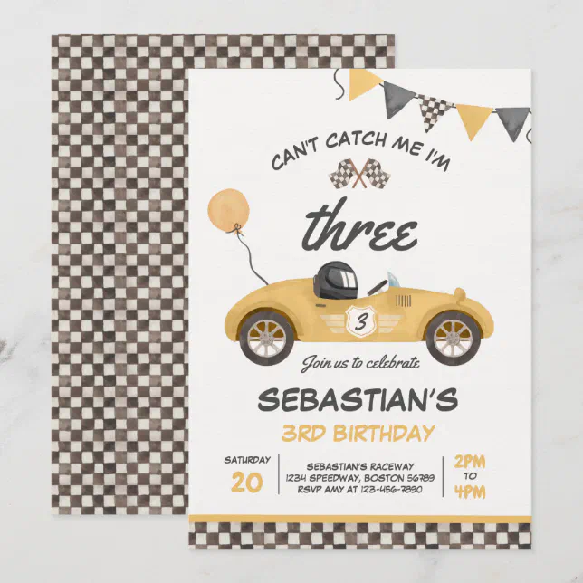 Can't Catch Me I'm Three Race Car 3rd Birthday Invitation | Zazzle