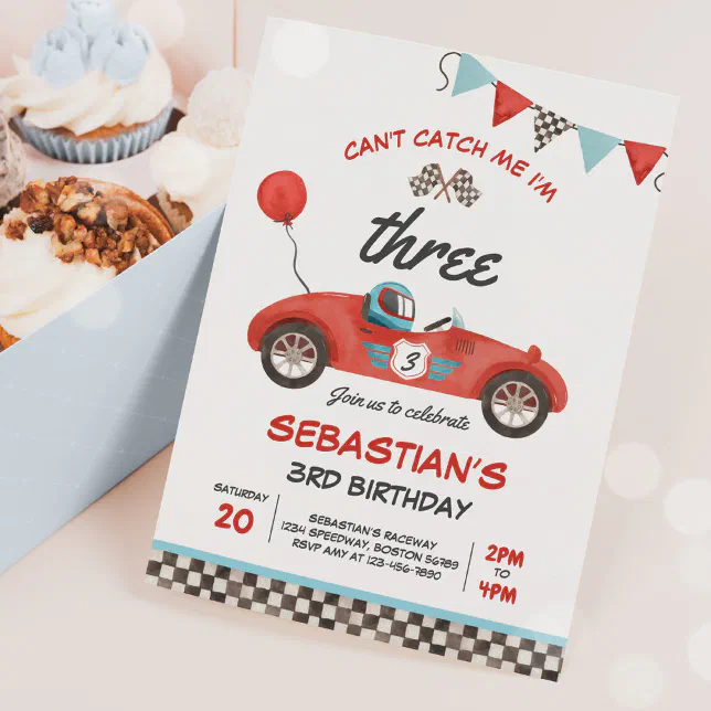 Can't Catch Me I'm Three Race Car 3rd Birthday Invitation | Zazzle