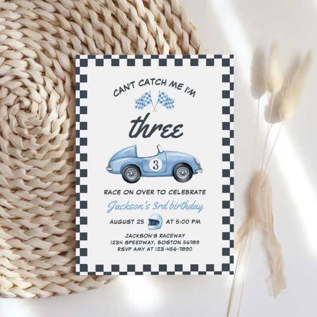 Can't Catch Me I'm Three Race Car 3rd Birthday Invitation | Zazzle