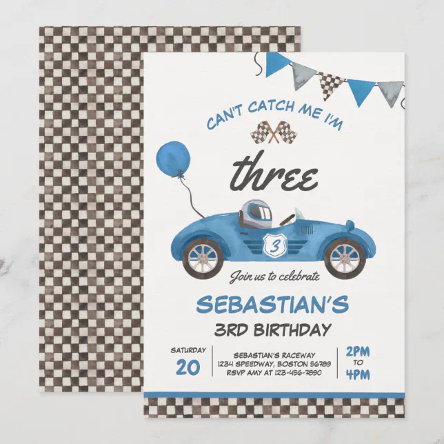 Can't Catch Me I'm Three Race Car 3rd Birthday Invitation | Zazzle