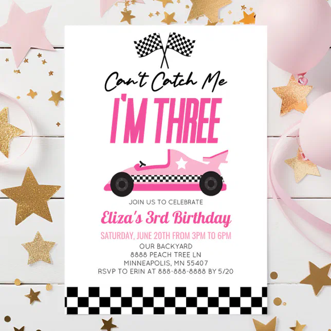 Can't Catch Me Pink Race Car 3rd Birthday Party Invitation | Zazzle