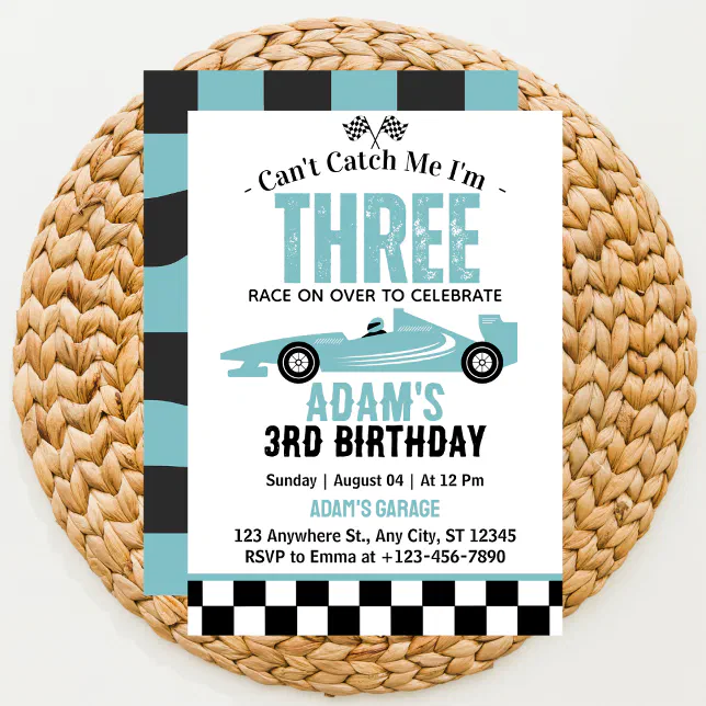 Can't Catch Me Race Car Boy 3rd Birthday Party Invitation | Zazzle