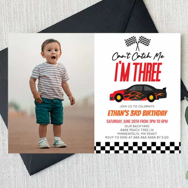 Can't Catch Me Red Race Car 3rd Birthday Party Invitation | Zazzle