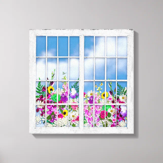 Canvas Print, View of Flowers, Rustic Window-Panes | Zazzle