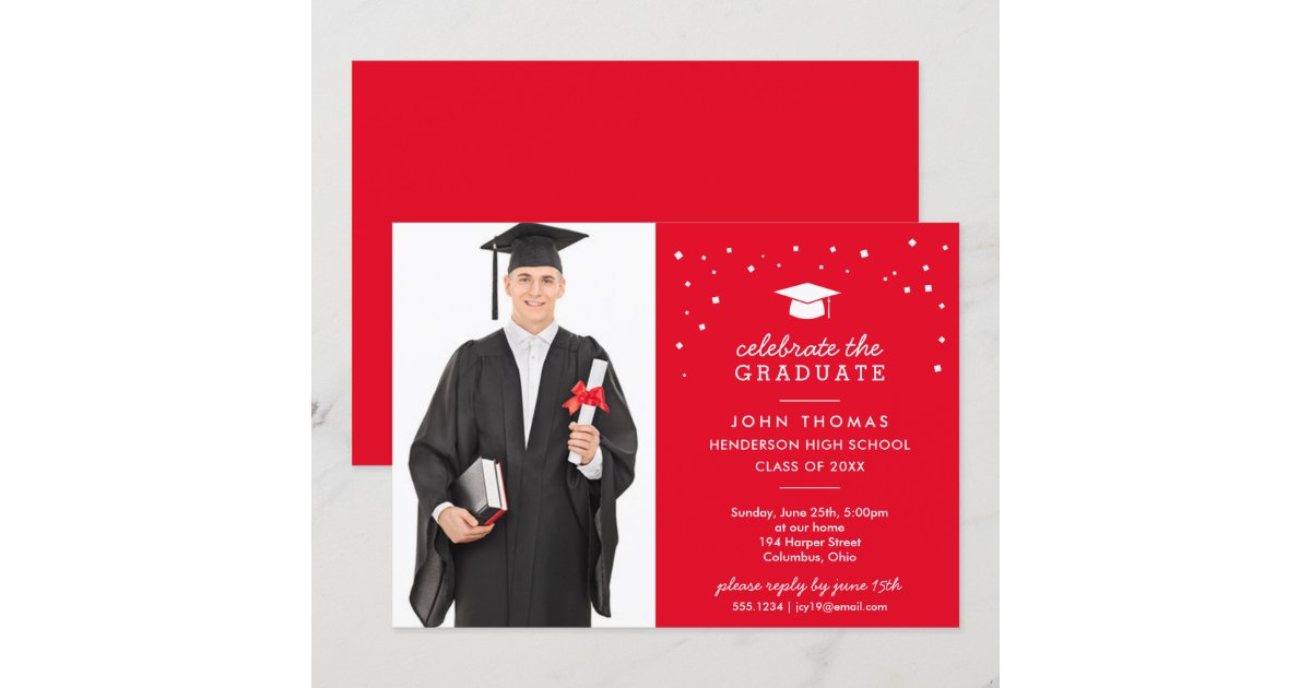 Cap and Confetti with Photo, Red Graduation Invitation | Zazzle
