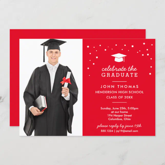Cap and Confetti with Photo, Red Graduation Invitation | Zazzle