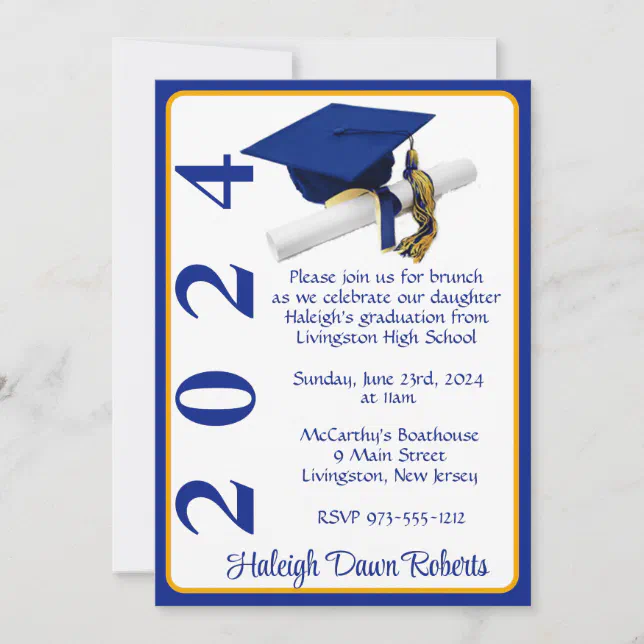 Cap & Diploma 5x7 Royal Blue & Gold Graduation Invitation | Zazzle