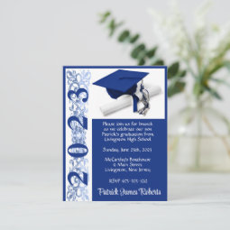 Cap & Diploma, Blue Background Graduation Invitation | Zazzle