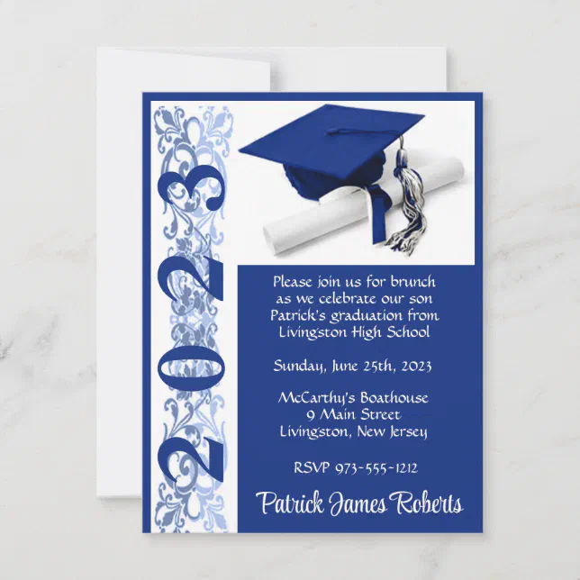 Cap & Diploma, Blue Background Graduation Invitation | Zazzle