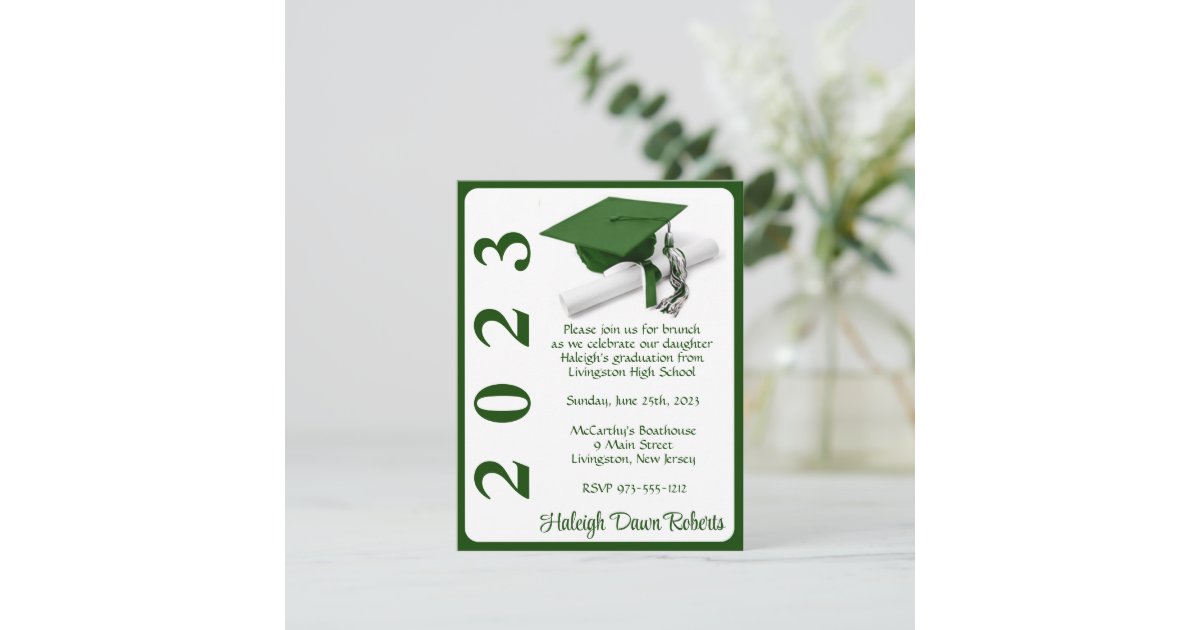 Cap & Diploma, Green & White Graduation Invitation | Zazzle