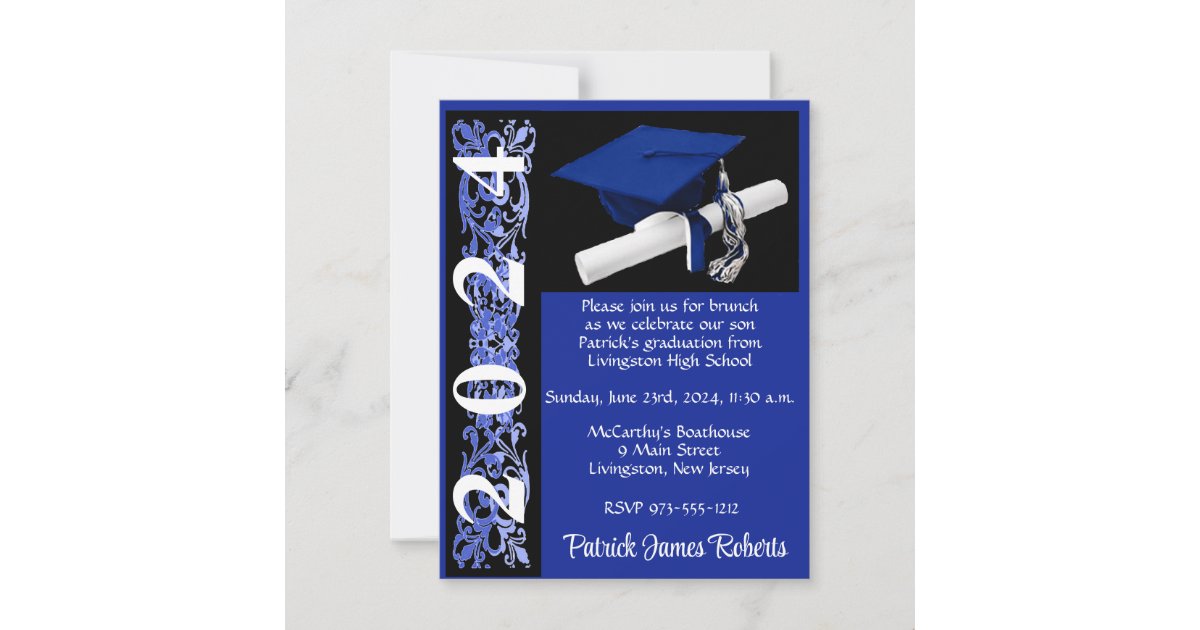 Cap & Diploma, Royal Blue & Black Graduation Invitation | Zazzle