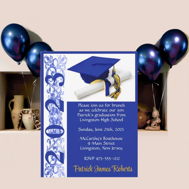 Cap & Diploma, Royal Blue/Gold Graduation Invitation | Zazzle