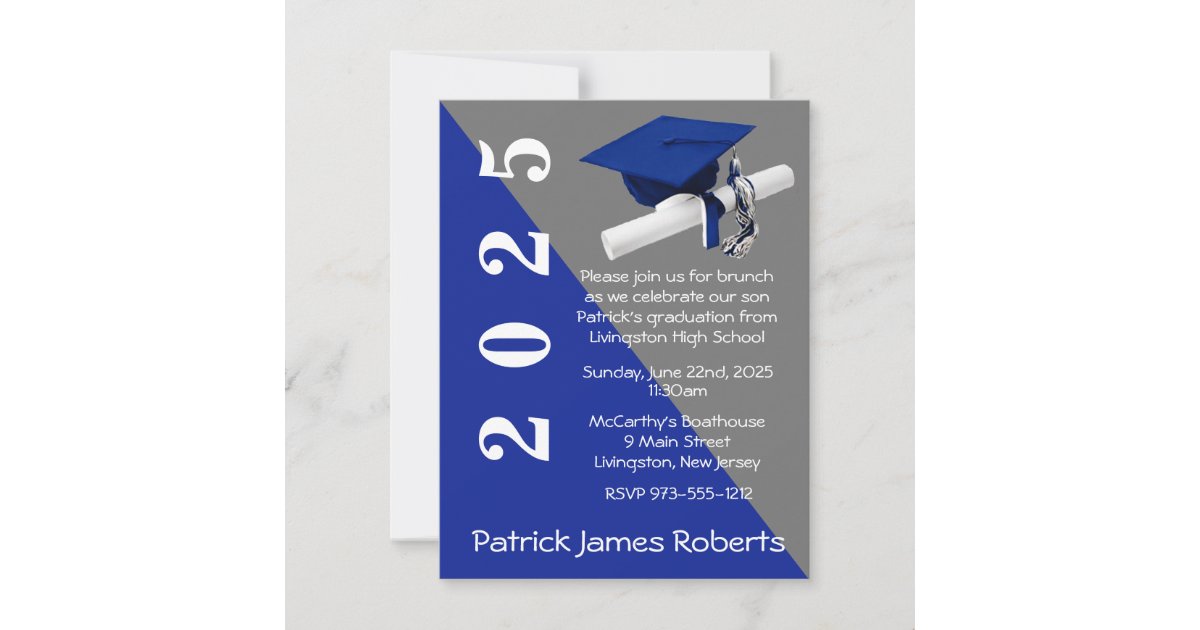 Cap & Diploma, Royal Blue & Gray Graduation Invitation | Zazzle