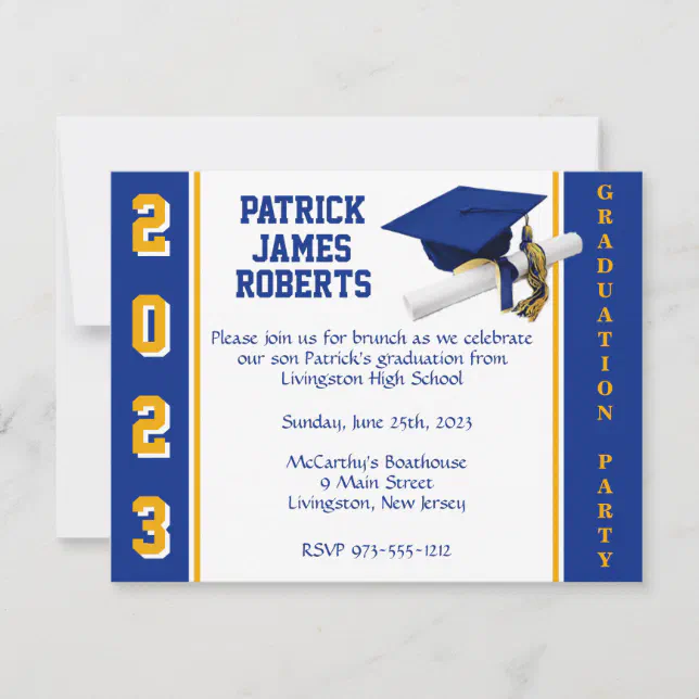 Cap & Diploma Varsity Royal Blue & Gold Graduation Invitation | Zazzle