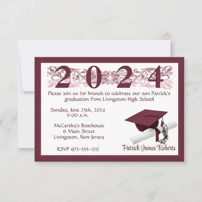 Cap & Diploma, White & Maroon Graduation Invitation | Zazzle
