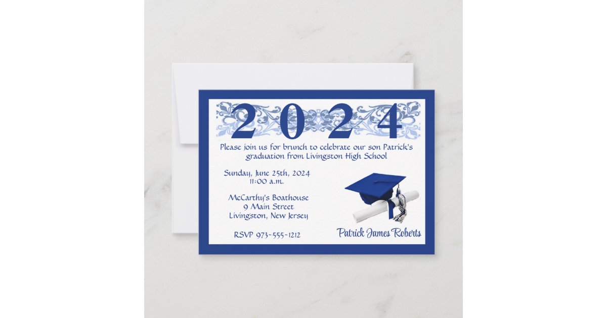 Cap & Diploma, White & Royal Blue Graduation Invitation | Zazzle