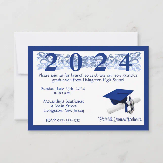 Cap & Diploma, White & Royal Blue Graduation Invitation | Zazzle
