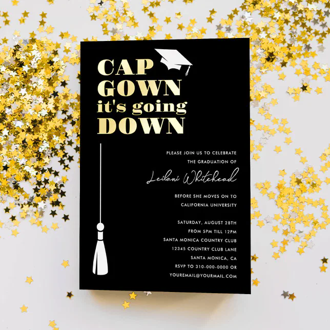 Cap Gown it's Going Down Graduation Party White Foil Invitation | Zazzle