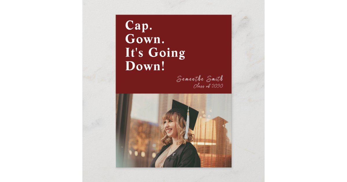Cap Gown It's Going Down Red Modern Graduation Invitation Postcard | Zazzle