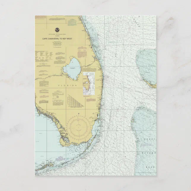 Cape Canaveral to Key West Nautical Chart Postcard | Zazzle