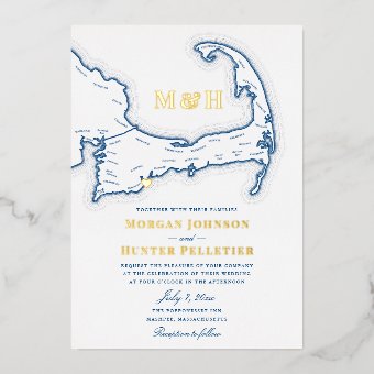 Cape Cod Wedding Elegant Navy and Gold Foil Invitation | Zazzle