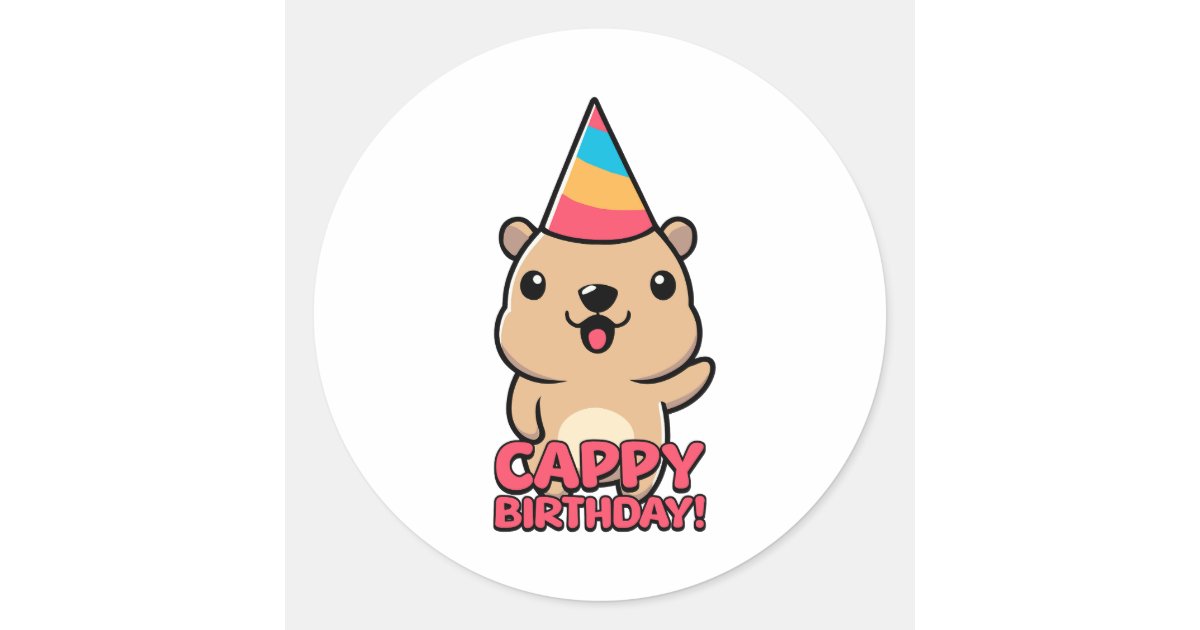 Cappy Birthday! Cute Capybara Pun Cartoon Classic Round Sticker | Zazzle