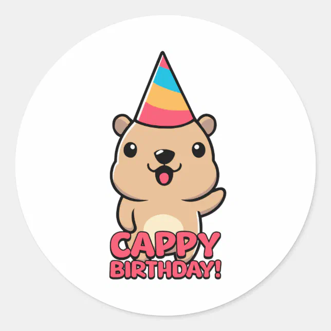Cappy Birthday! Cute Capybara Pun Cartoon Classic Round Sticker | Zazzle