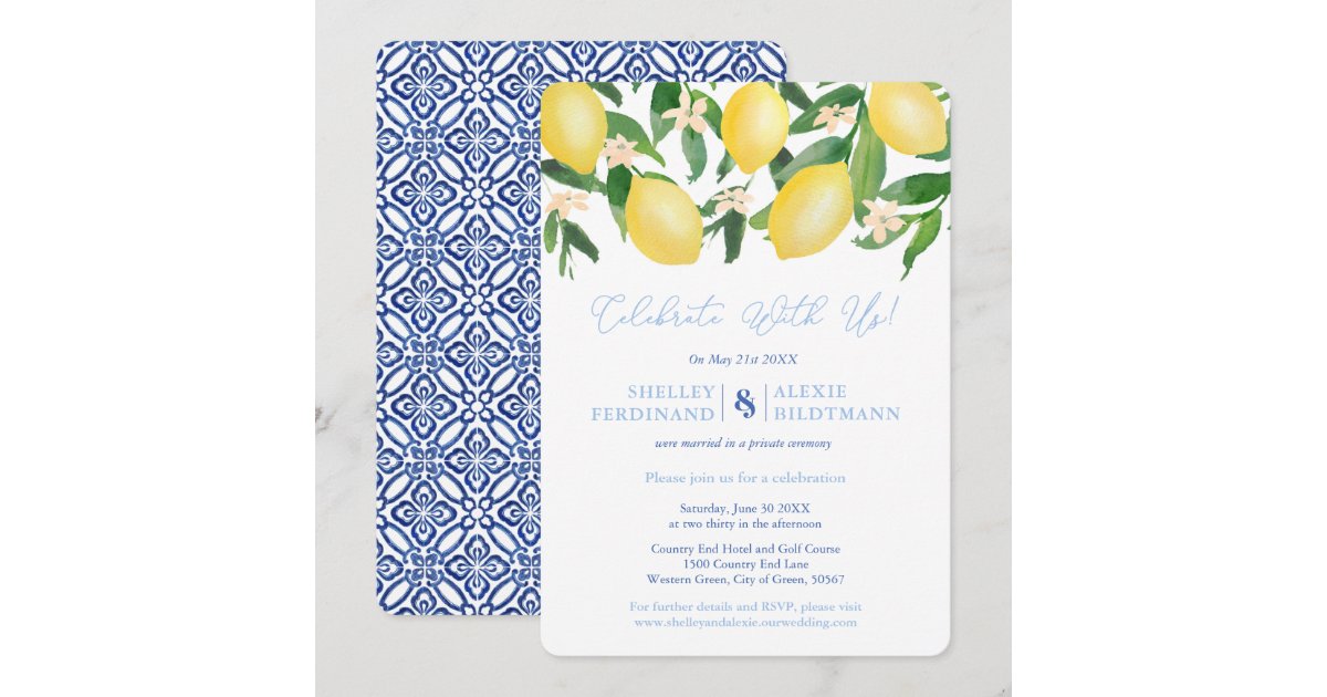 Capri Lemons Blue Tiles Post Wedding Celebration Invitation | Zazzle