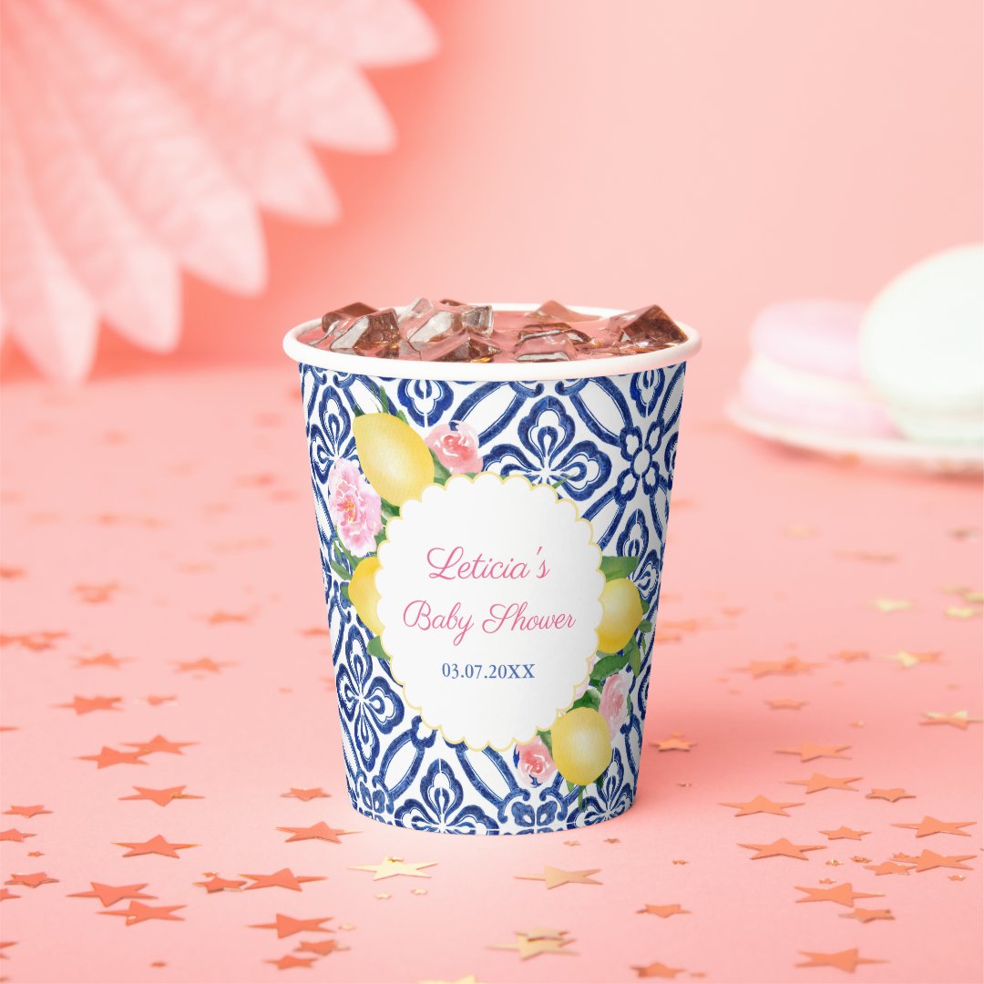 Capri Lemons Blue & White Tiles Baby Shower Party Paper Cups | Zazzle