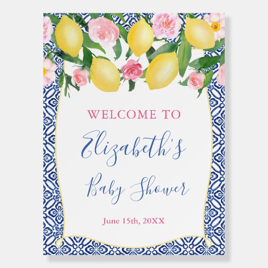 Capri Lemons Blue White Tiles Baby Shower Welcome Foam Board | Zazzle.com