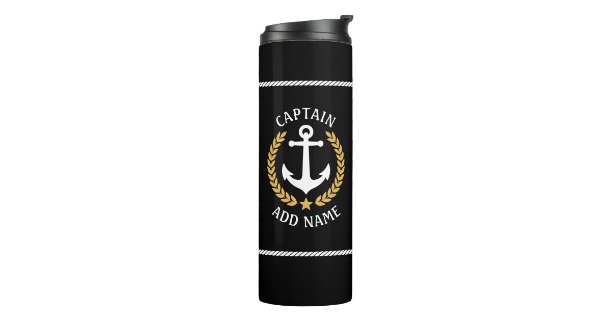 Captain Boat Name Anchor Gold Style Laurel Black Thermal Tumbler | Zazzle