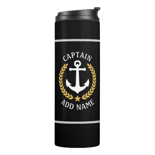 Captain Boat Name Anchor Gold Style Laurel Black Thermal Tumbler | Zazzle