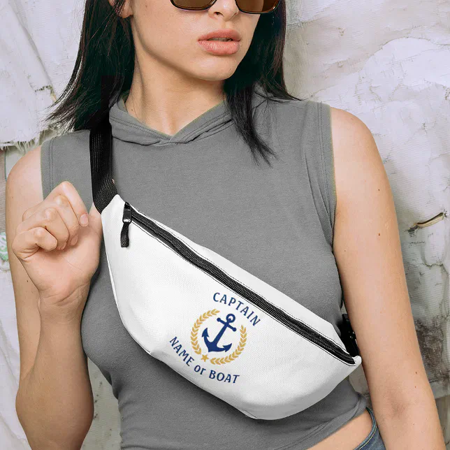 Captain Boat Name Nautical Anchor Gold Laurel Star Fanny Pack | Zazzle