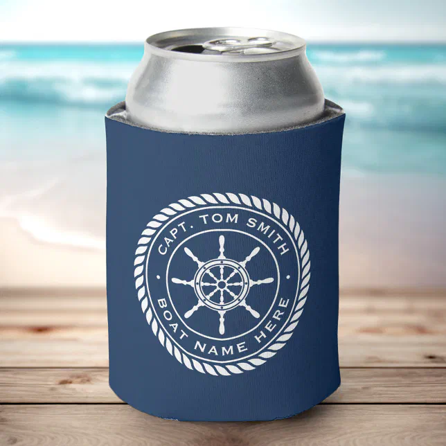 Captain boat name rope frame nautical ship's wheel can cooler | Zazzle