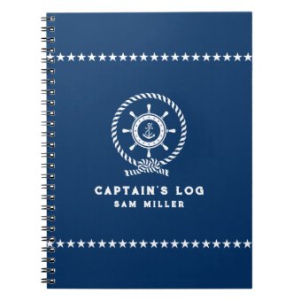 Captains Log Navy Blue White Nautical Boat Wheel Notebook | Zazzle