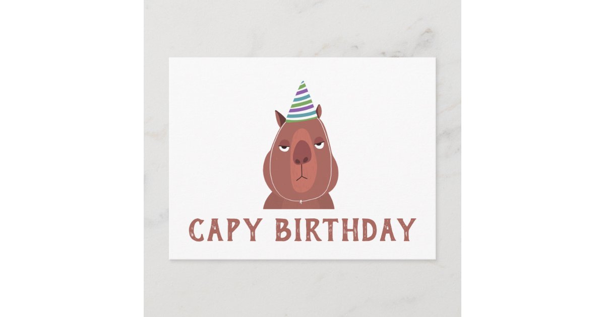 "CAPY BIRTHDAY" Capybara with Party Hat Postcard | Zazzle