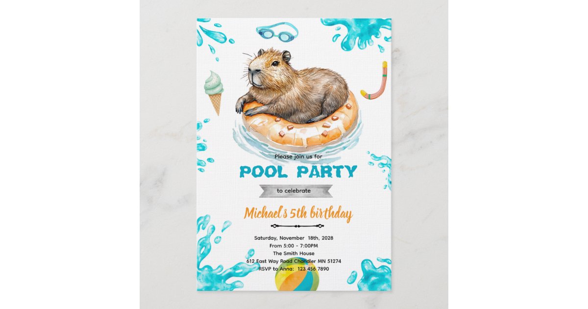 Capybara Pool Party Birthday Invitation | Zazzle