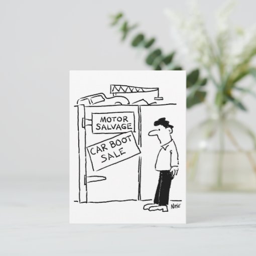 Car Boot Sale at Scrapyard Cartoon Postcard | Zazzle