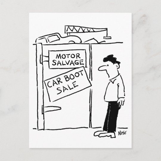 Car Boot Sale at Scrapyard Cartoon Postcard | Zazzle.com